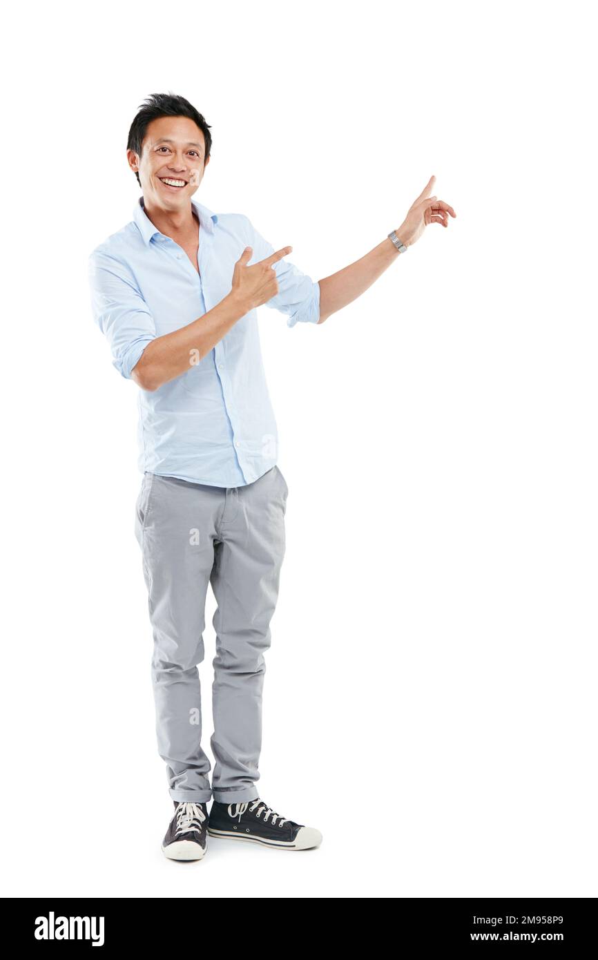 Man, happy and portrait while pointing finger at mockup space for ...