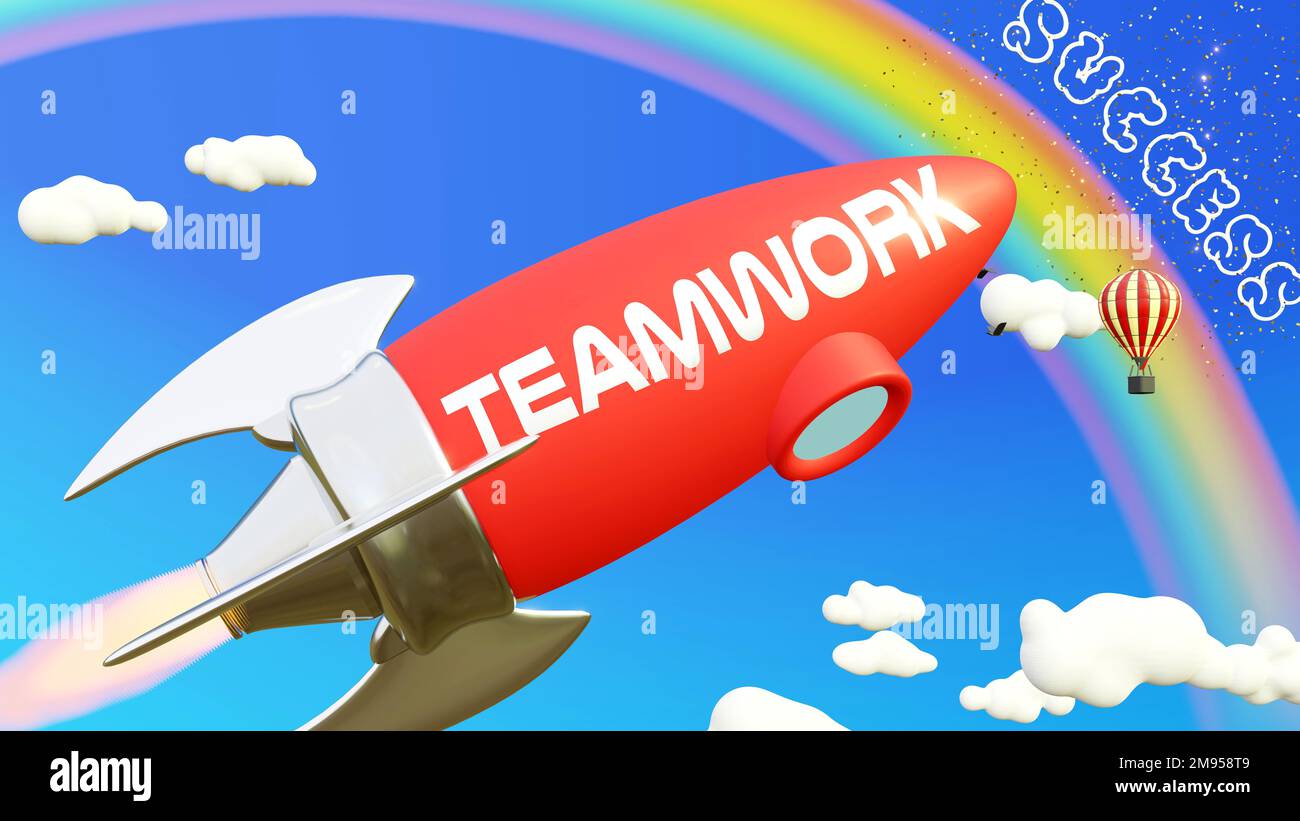 Teamwork lead to achieving success in business and life. Cartoon rocket ...