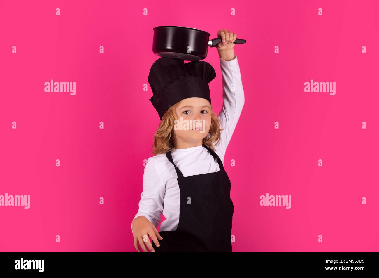 Kid chef cook with cooking pot. Cooking children. Chef kid boy making ...