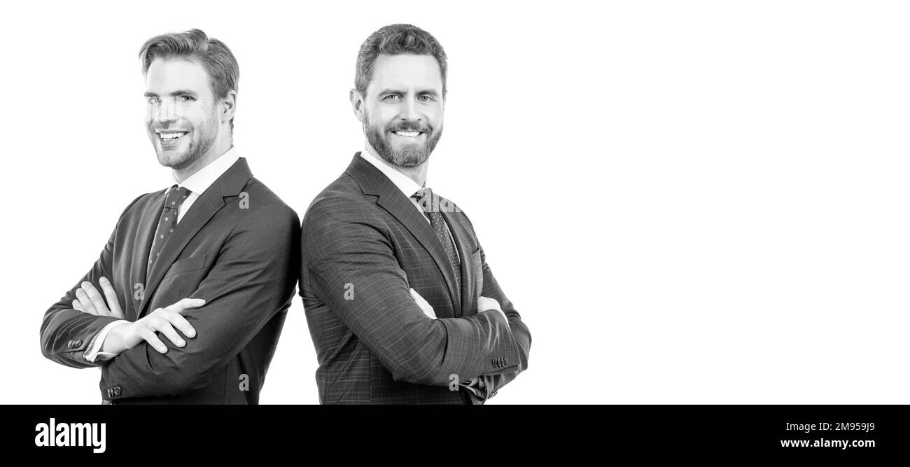 two happy business leaders in suit cross hands isolated on white ...