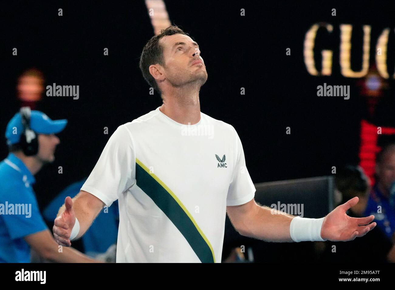 Andy Murray of Britain reacts after defeating Matteo Berrettini of Italy in their first round ...
