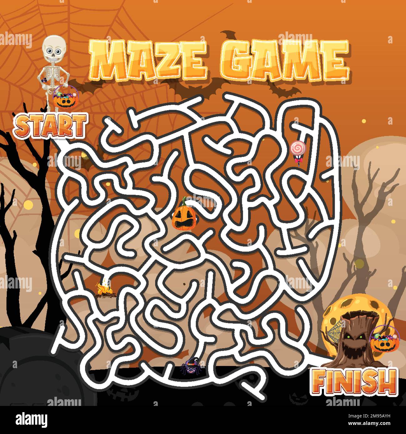 Maze game template in Halloween theme for kids illustration Stock ...