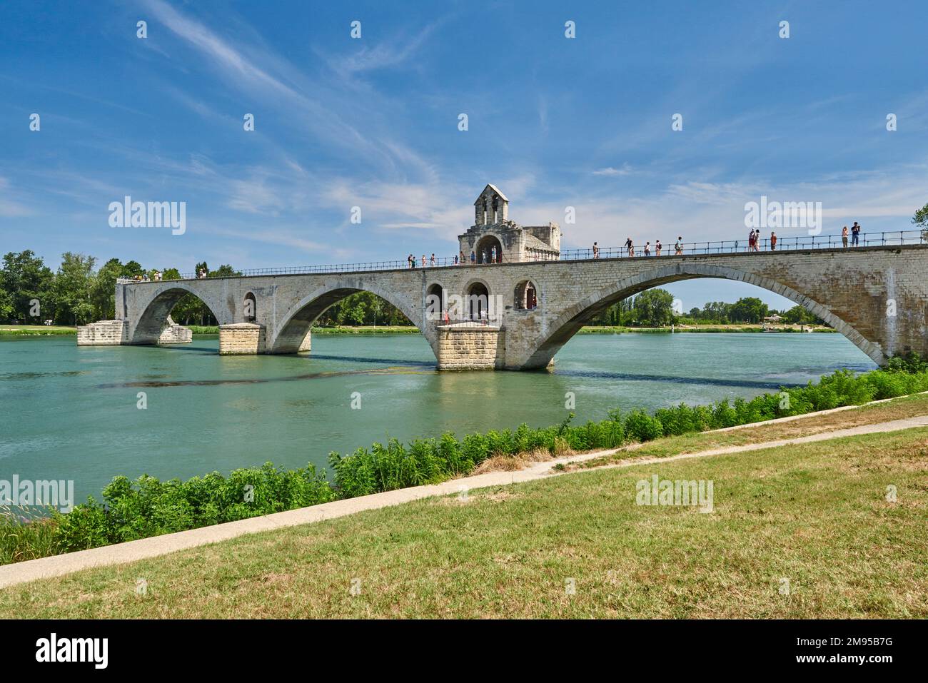 Avignon (south of France): Saint-Benezet Bridge. Tourists walking on ...
