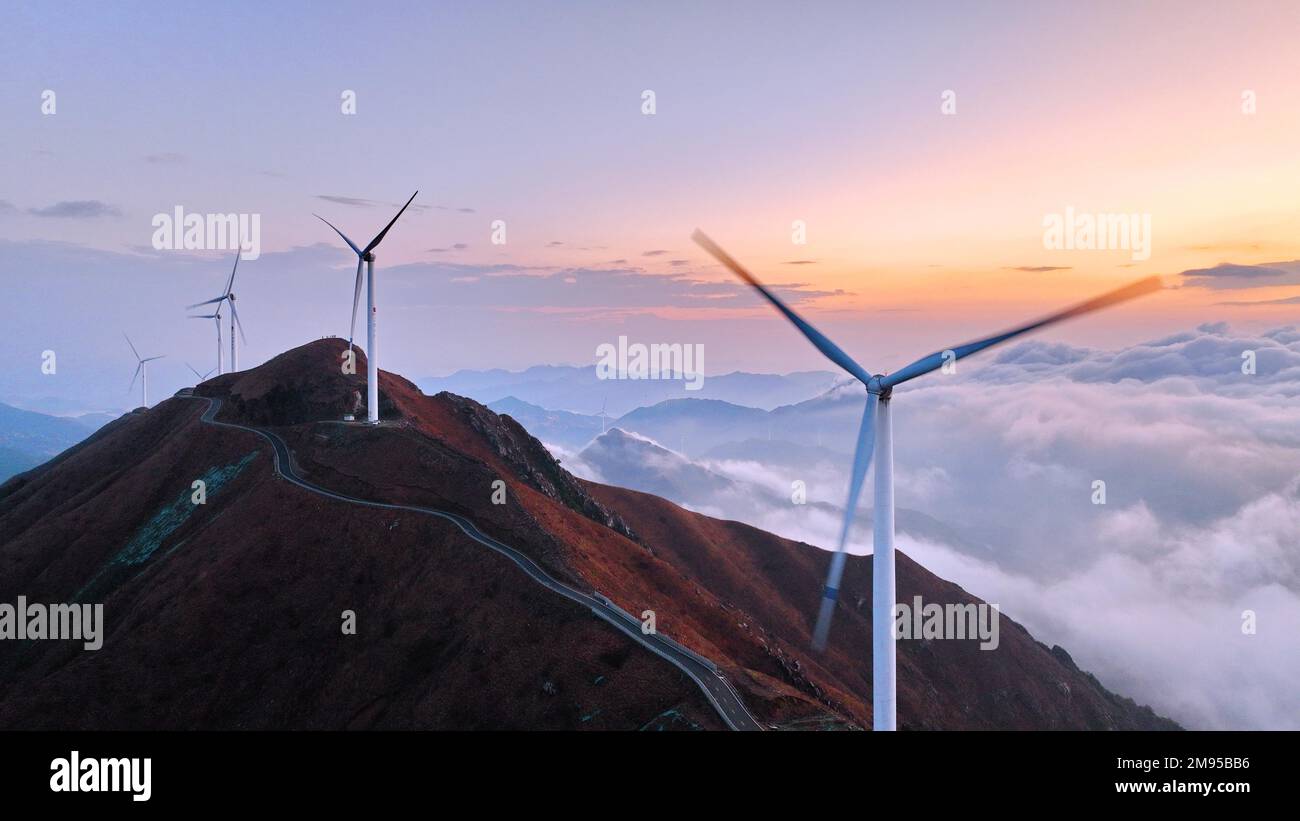 Aerial photo shows the wind farm in Shuangxi Township, Shangyou County ...