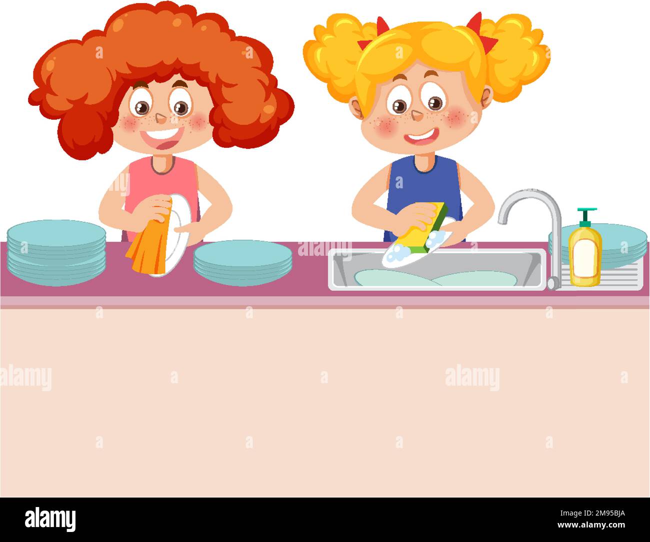 Two kids washing dishes together illustration Stock Vector Image & Art ...