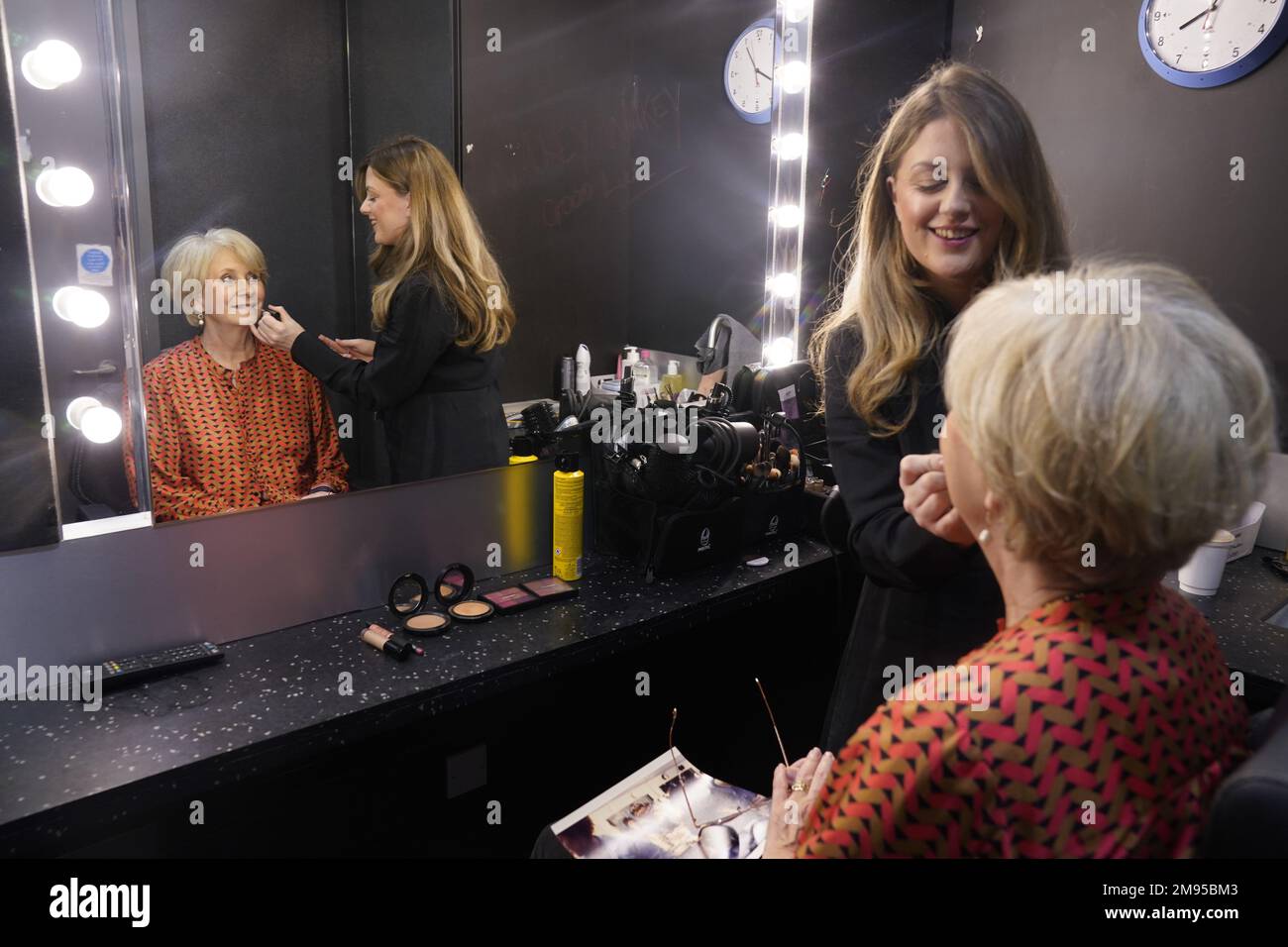 Former presenter Debbie Rix (right) in makeup before going on air as ...