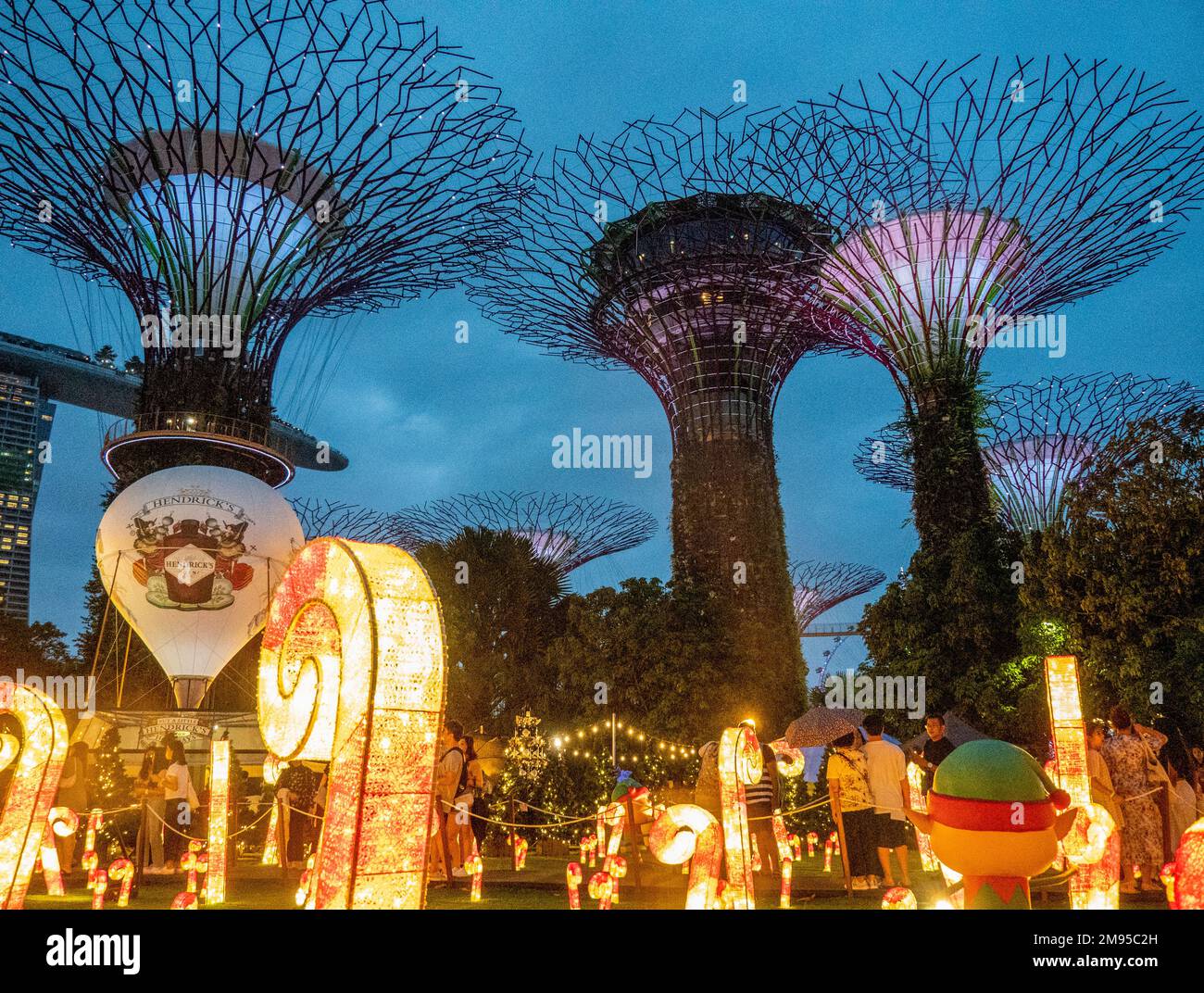 Illuminated Supertrees vertical gardens at night in Gardens By The Bay ...