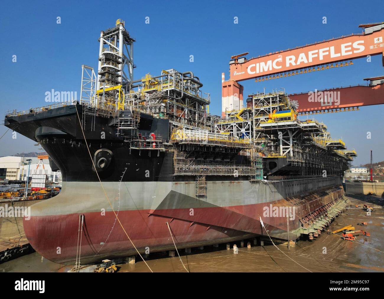 YANTAI, CHINA - JANUARY 17, 2023 - A large floating production, storage and unloading tanker is ...