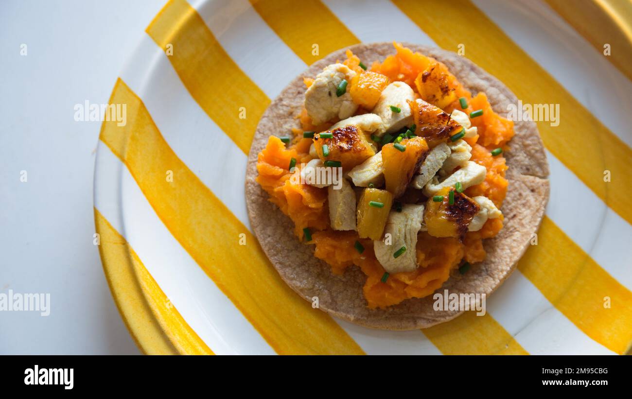 Chicken tacos. A taco is a traditional Mexican food consisting of a ...