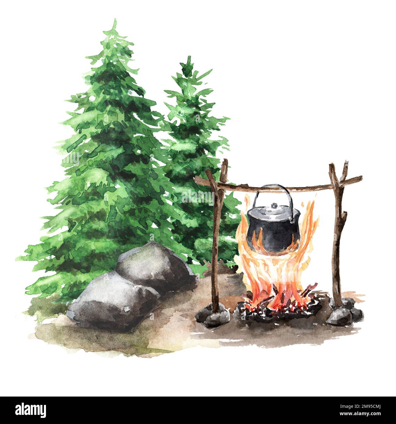 Bonfire with a pot. Cooking food on campfire in the forest. Hand drawn ...