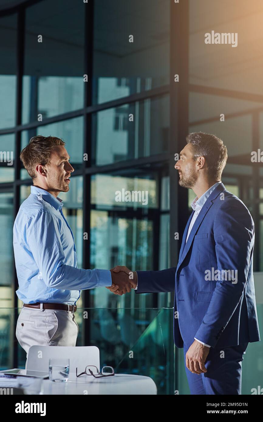 Handshake, partnership and business man with b2b interview, welcome and ...