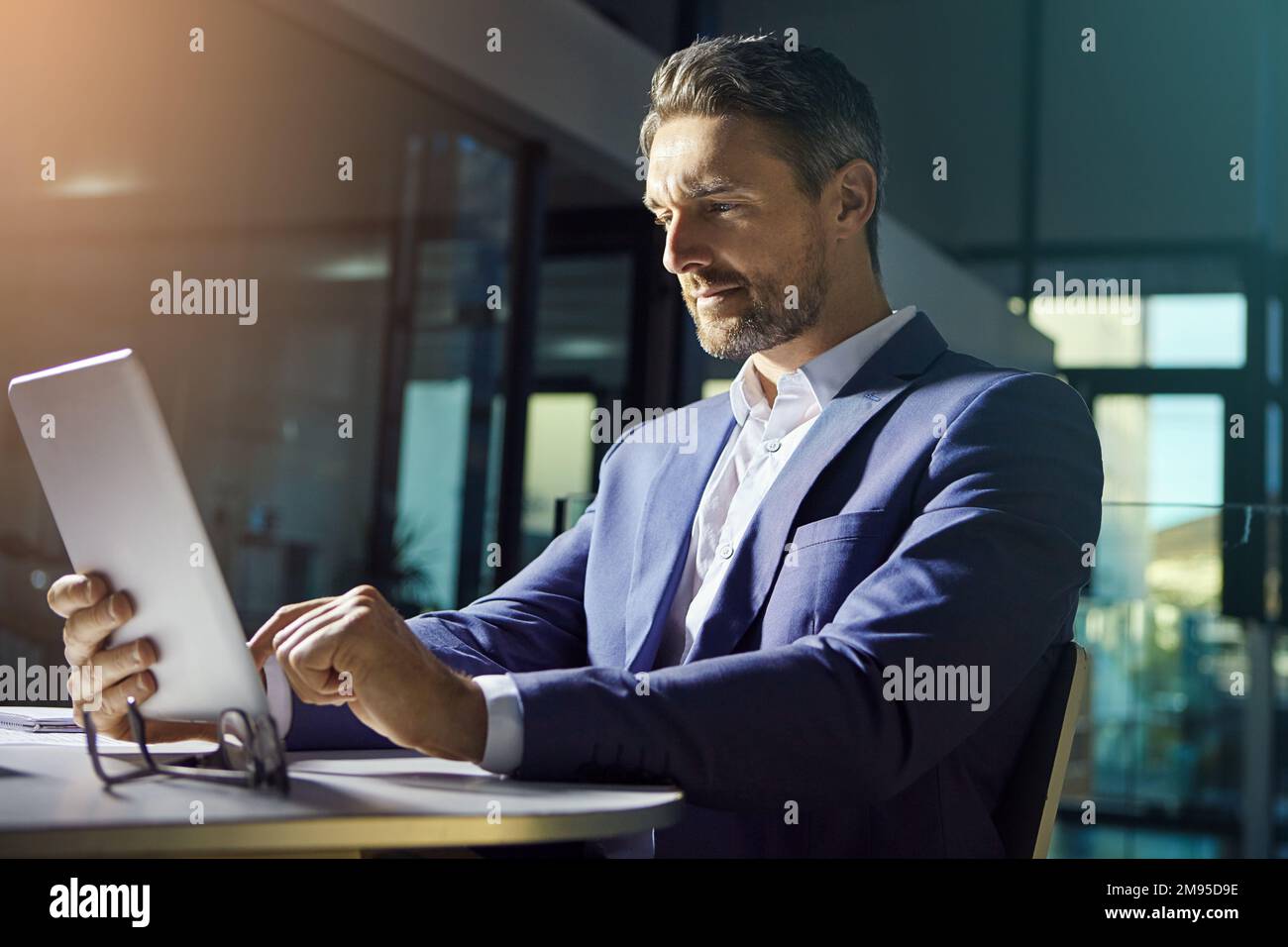 Business man, tablet and working ceo financial worker planning with web ...