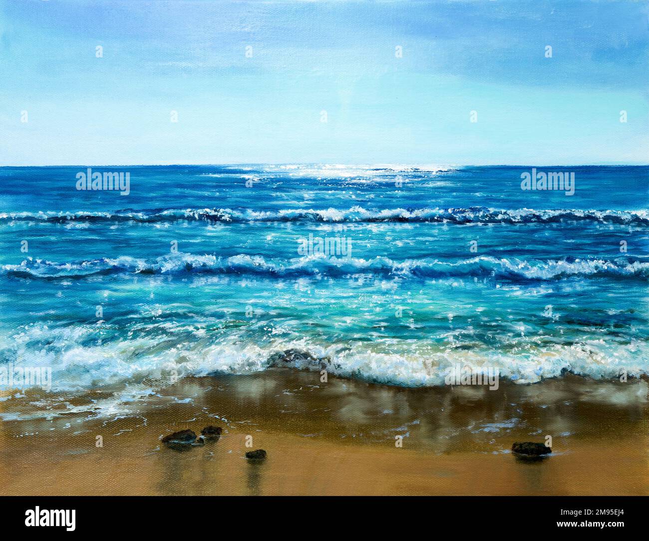 Original oil painting of beautiful seascape. Ocean and beach on canvas ...