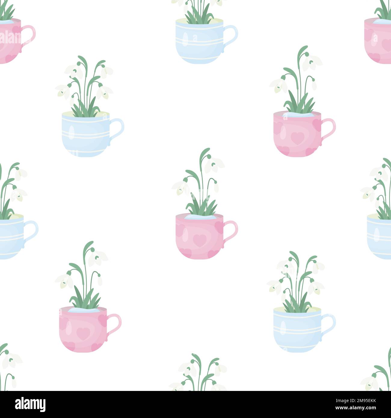 Floral spring seamless pattern. Snowdrop flowers in cup on white ...