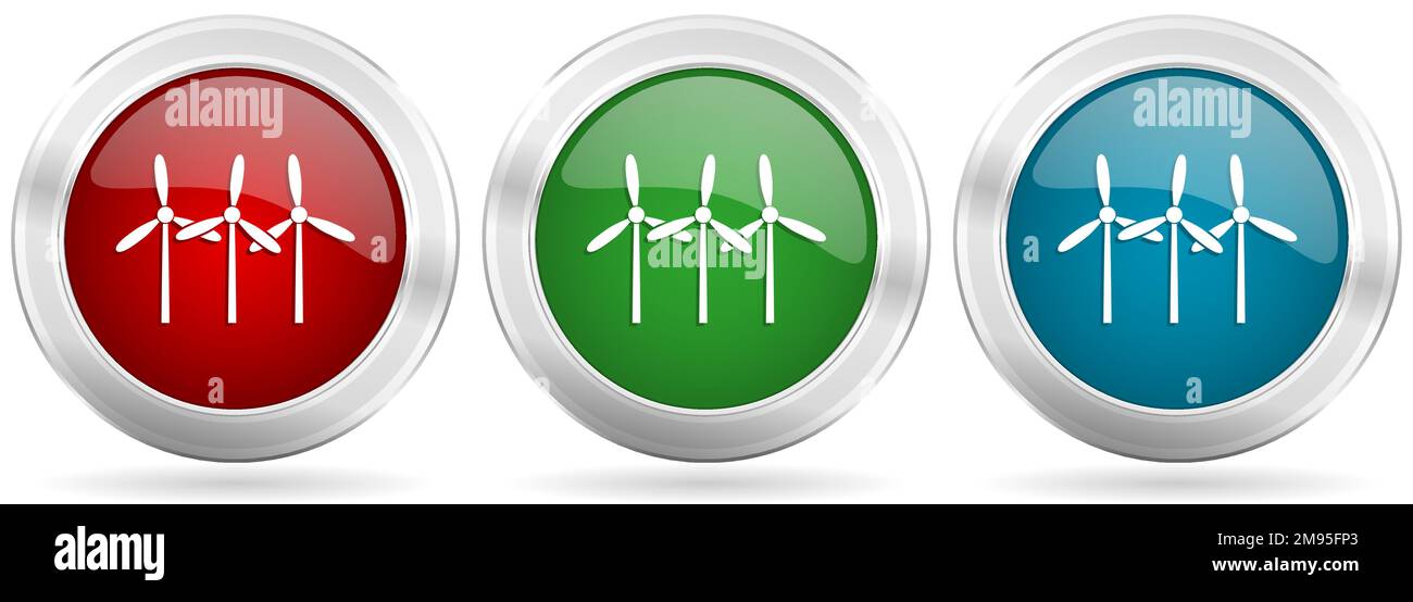 Wind turbines, renewables vector icon set. Red, blue and green silver ...