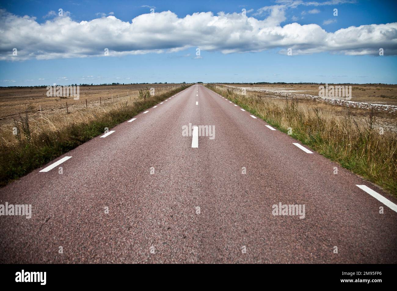 Sweden, oland Island: road crossing the Alvaret Plain, empty road and ...