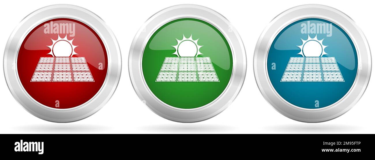 Sun over solar panel vector icon set. Red, blue and green silver ...