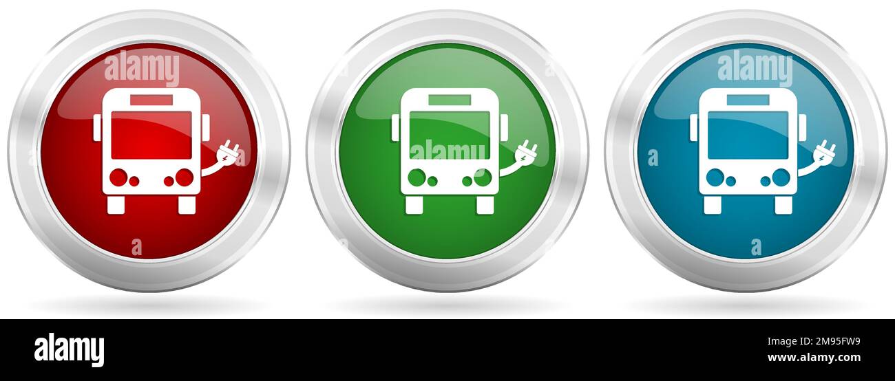 Ecology, electrical bus vector icon set. Red, blue and green silver ...