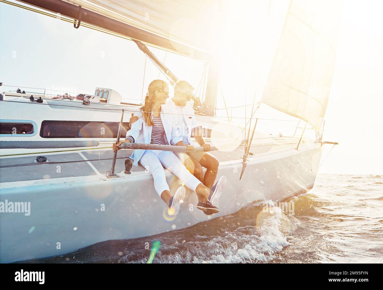 Couple, relax boat trip and ocean sunset for travel holiday, summer ...
