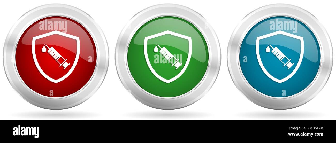 Vaccine shield concept vector icon set. Red, blue and green silver ...