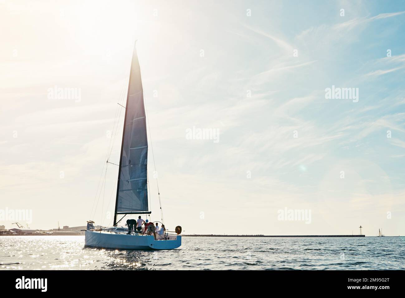 Sea, yacht and sailing on the ocean on vacation by summer sunshine on ...