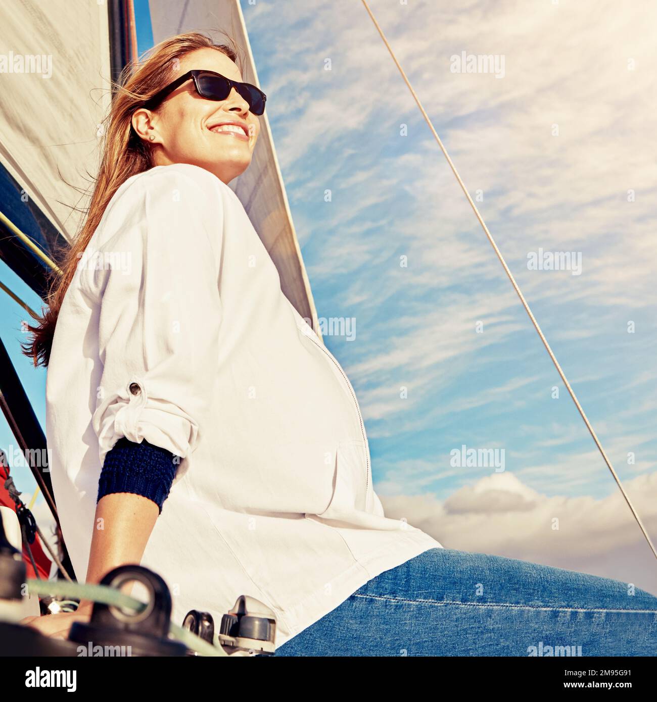 Smile, vacation and woman on a yacht to relax, cruise and sailing at ...