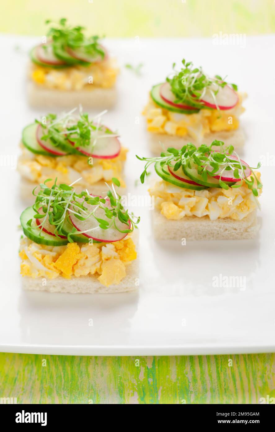 Delicious canape with egg, cucumber, radishes and cress salad on white ...