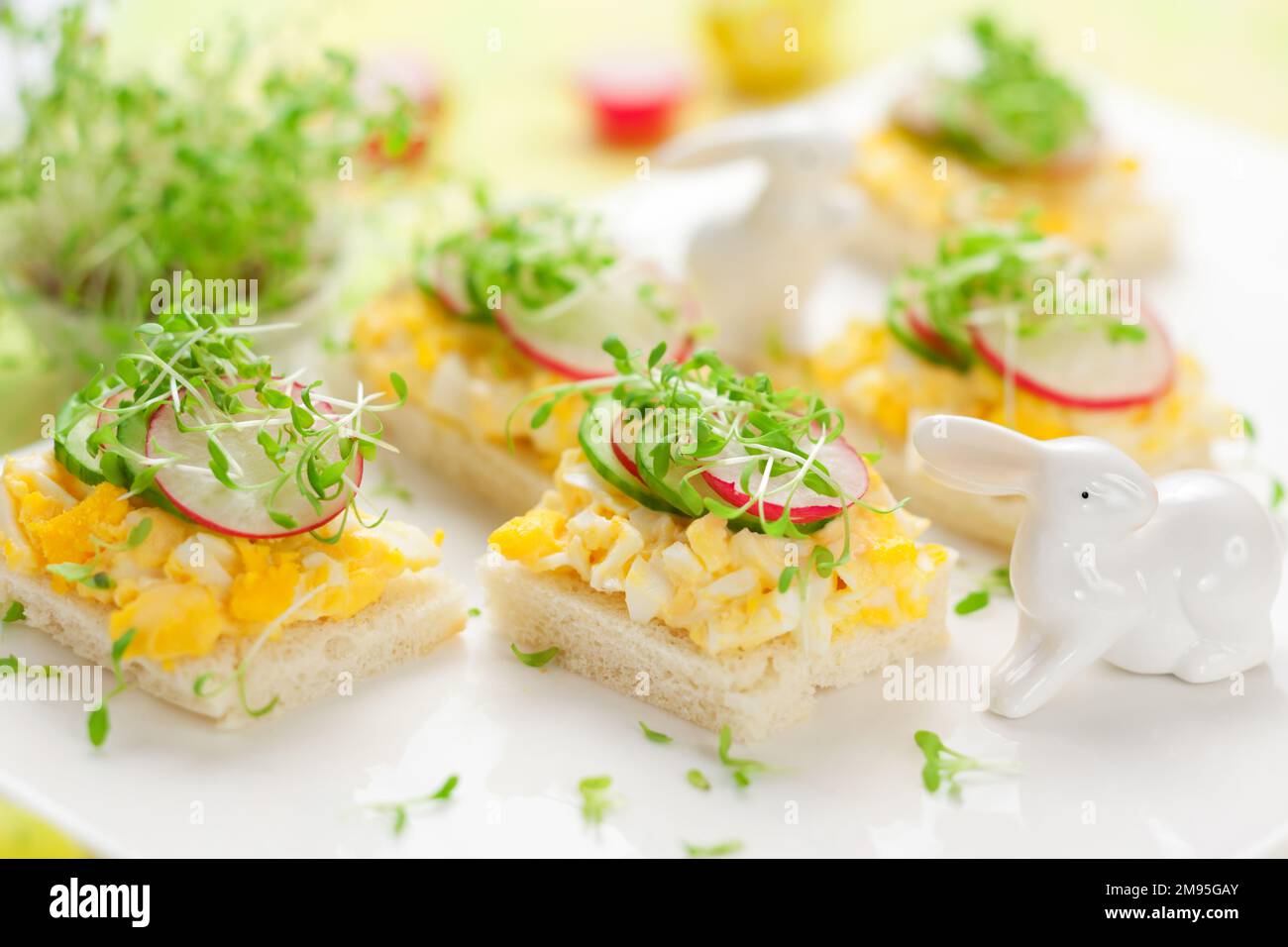 Delicious canape with egg, cucumber, radishes and cress salad on white ...