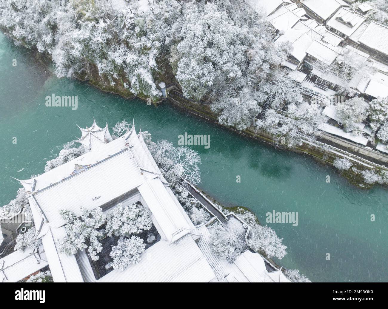 Aerial photo shows the snow scenery of Dujiangyan Scenic Spot in ...
