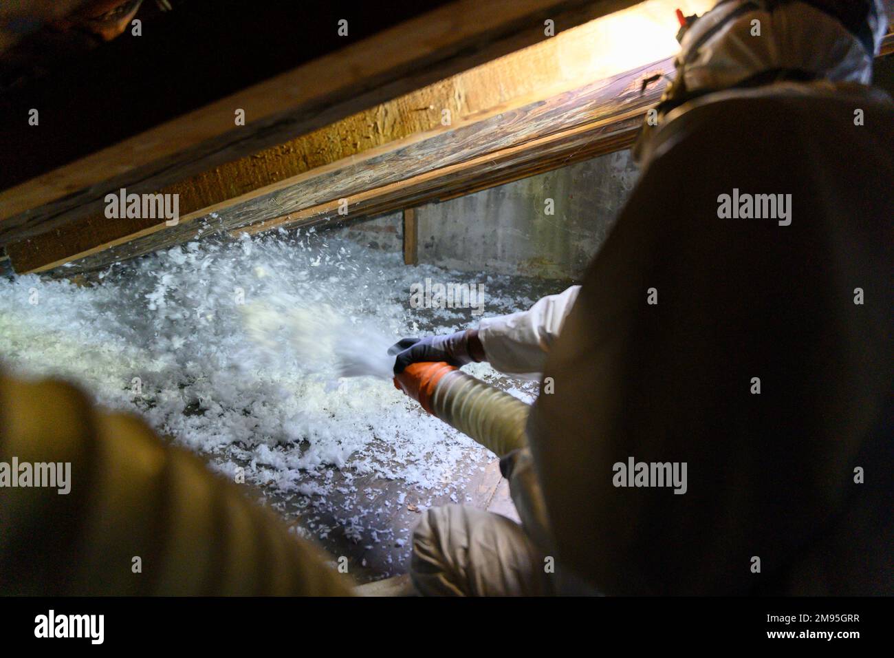 Insulation of an attic with cellulose wadding Stock Photo - Alamy
