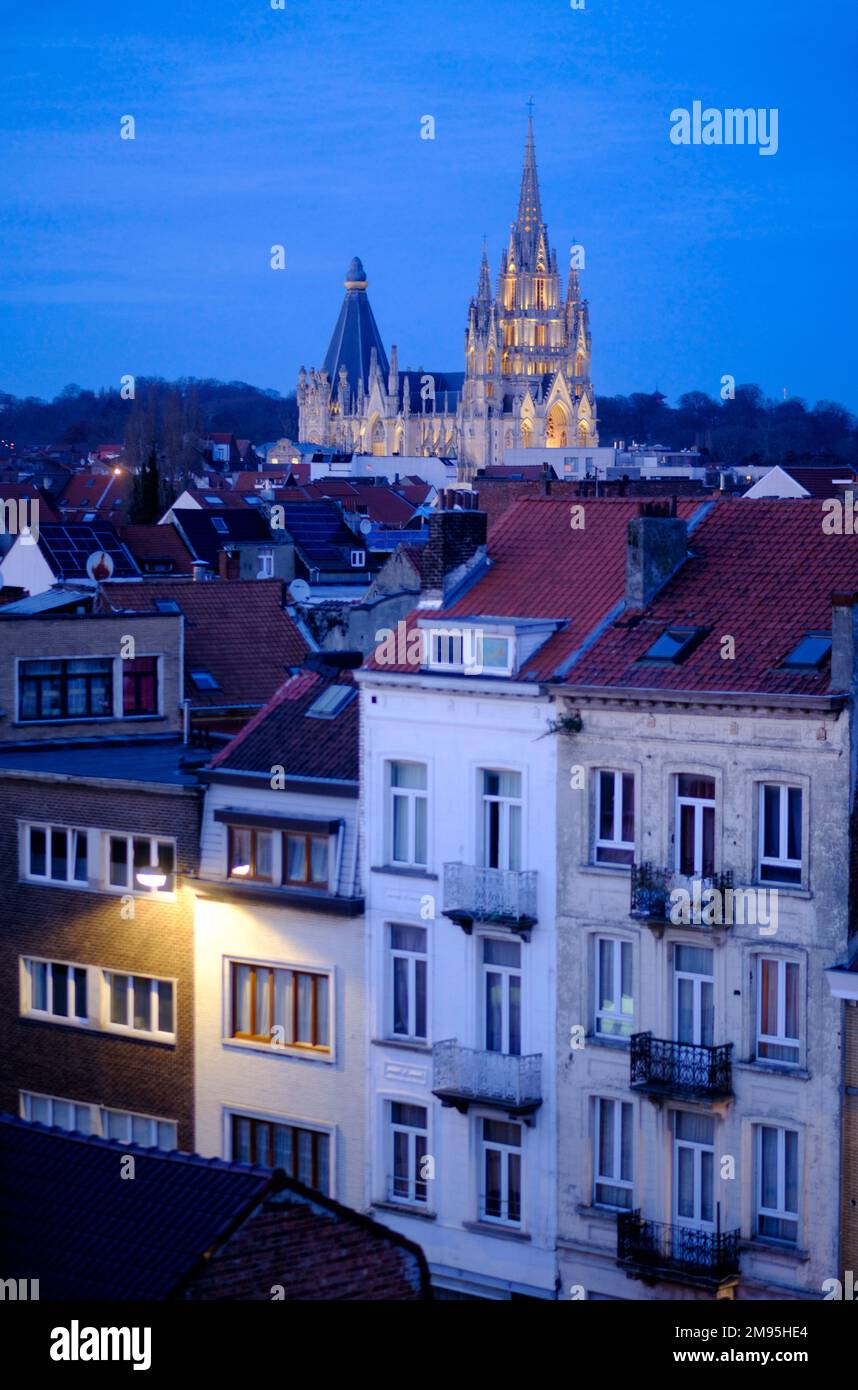 Belgium, Brussels: night view of the city and the Church of Our Lady of ...