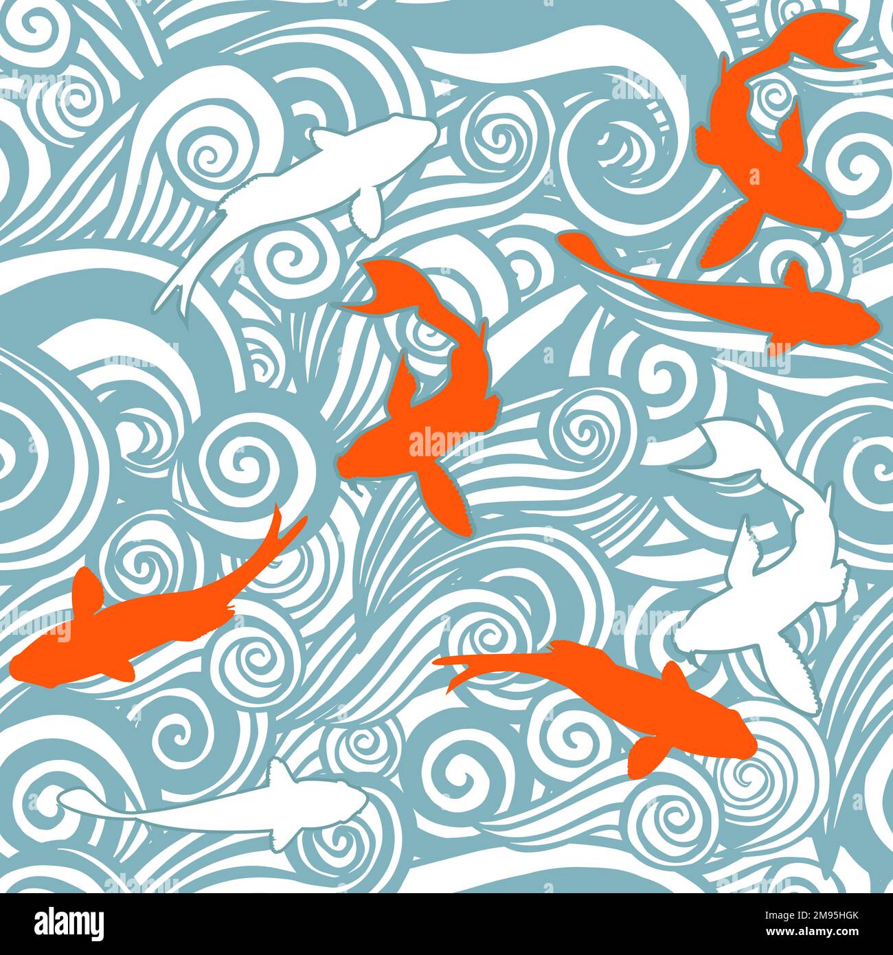 Sea waves sketch pattern and fish.. Ocean surf wave hand drawn seamless ...