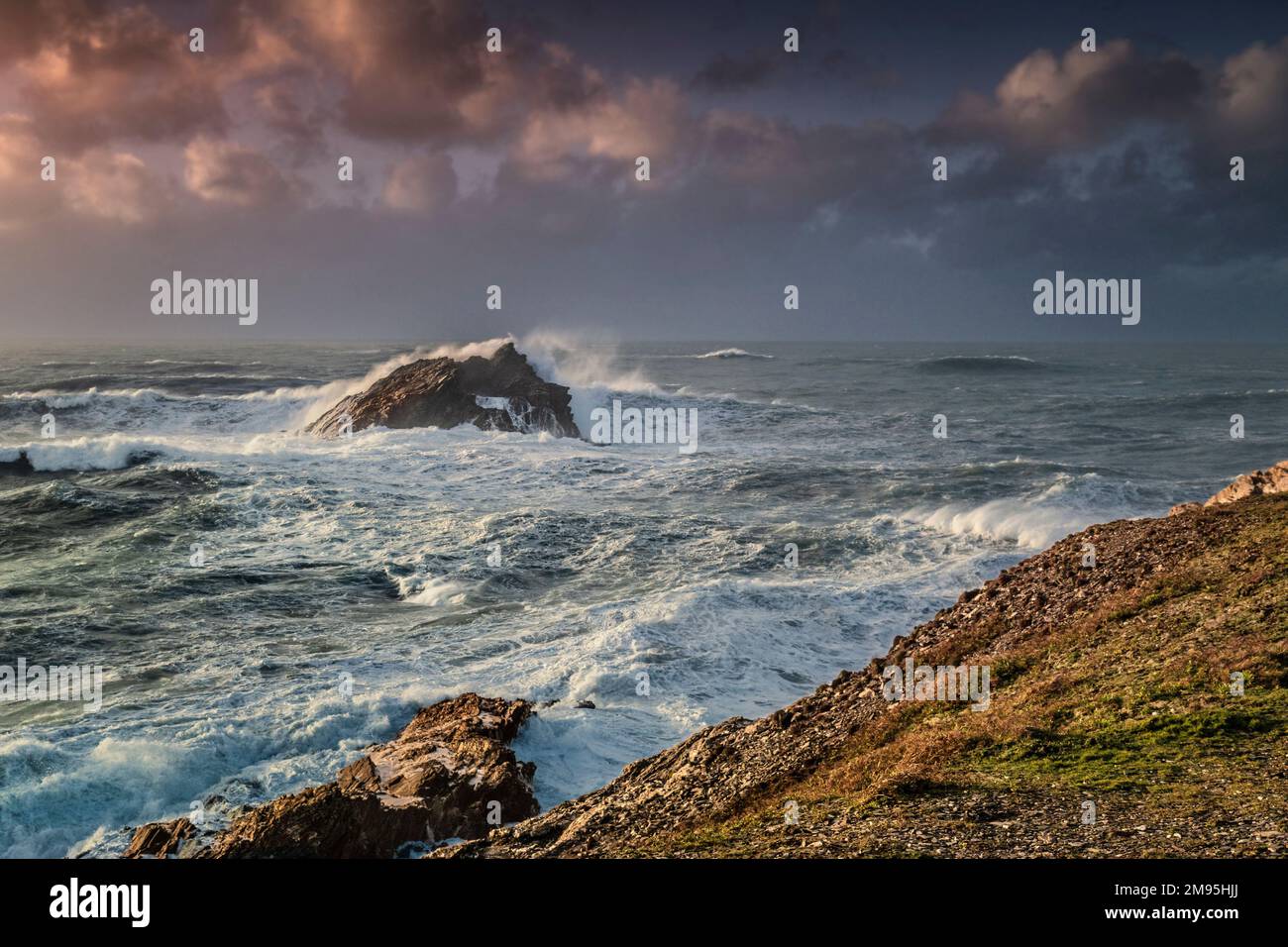 UK weather. Wild seas around the rocky island called The Goose Goose ...