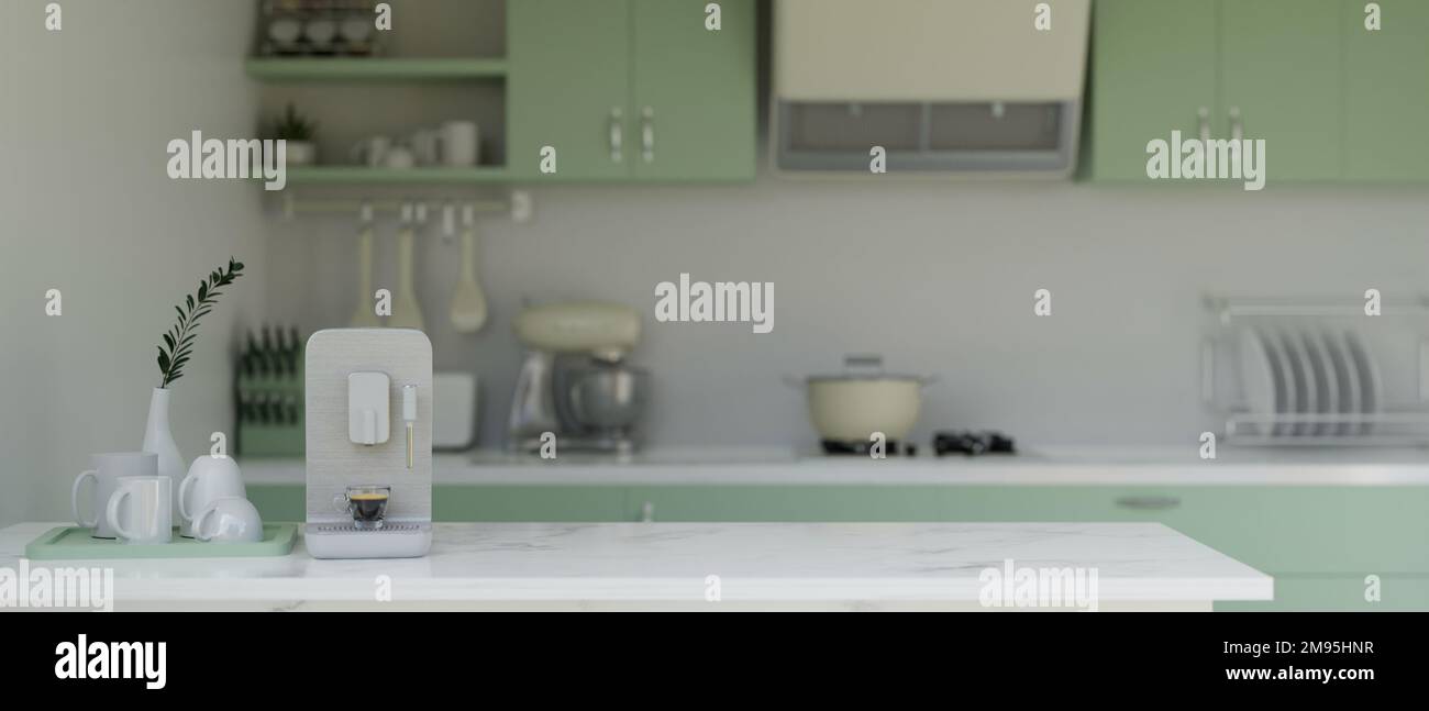White marble tabletop with coffee machine or coffee maker, coffee cups ...
