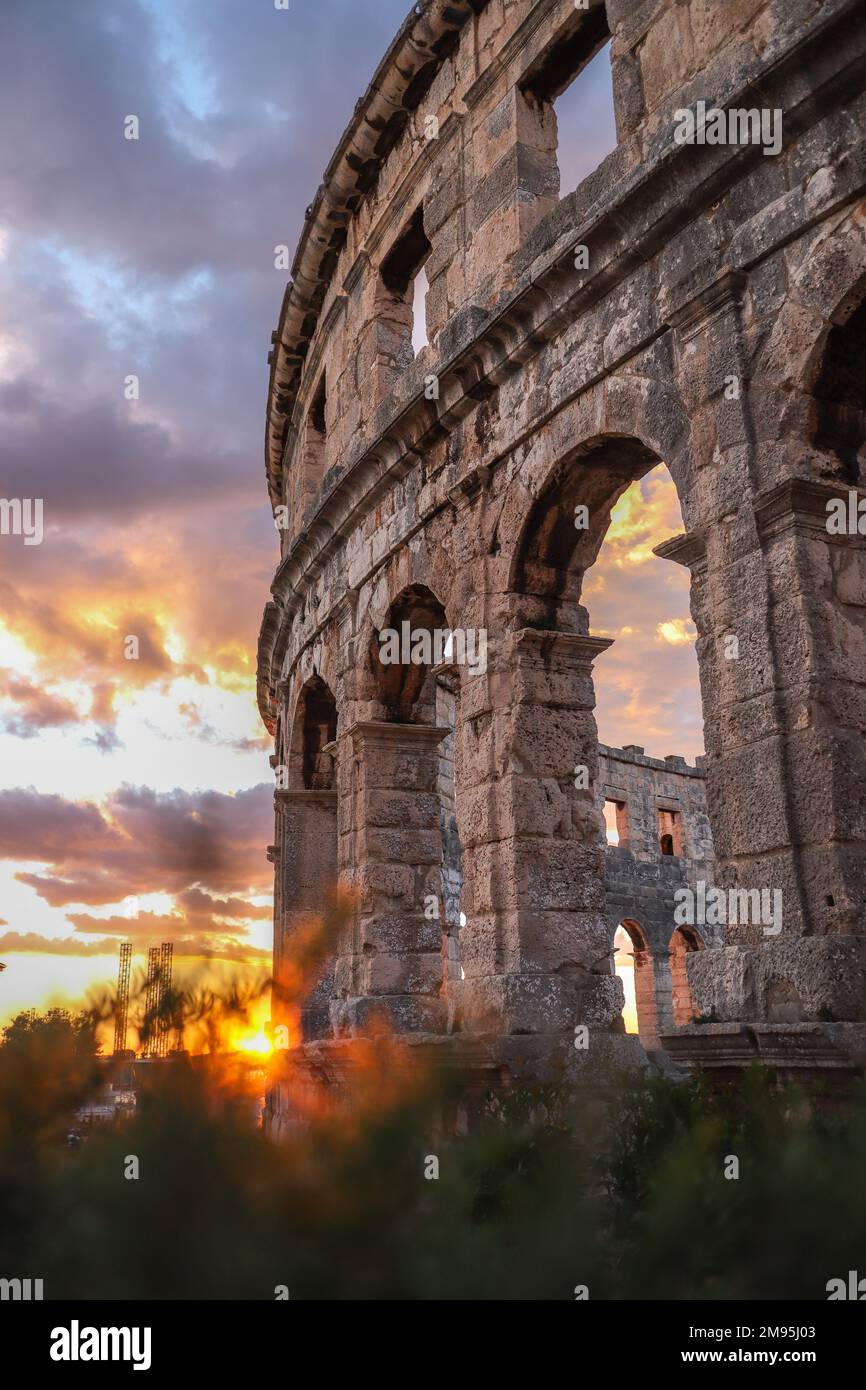 Vertical Pula Arena with Sunset Sky. Beautiful Shot of Roman ...