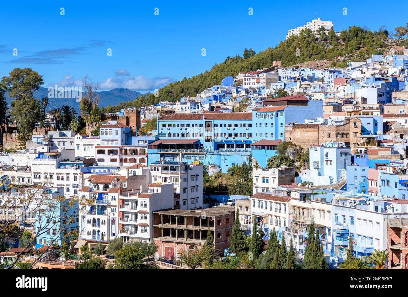 A cityscape of the beautiful city of Chefchaouen in Morocco. Known as ...