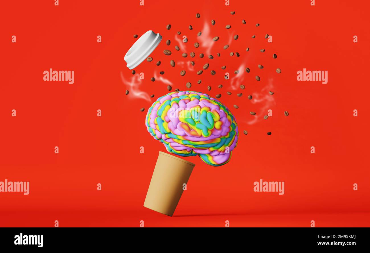 Floating rainbow human brain steaming coffee beans explosion cup 3D ...