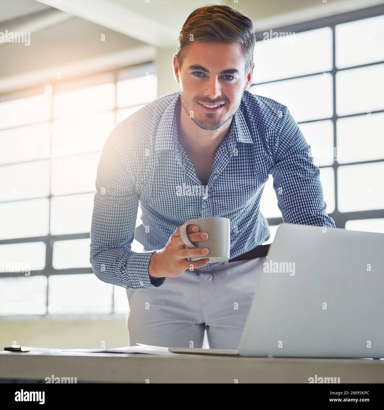 Business man portrait, laptop and information technology with software ...