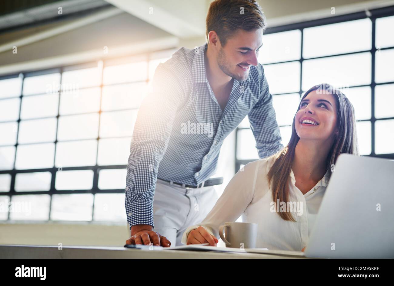 Training, coaching and business people with laptop in office workplace ...