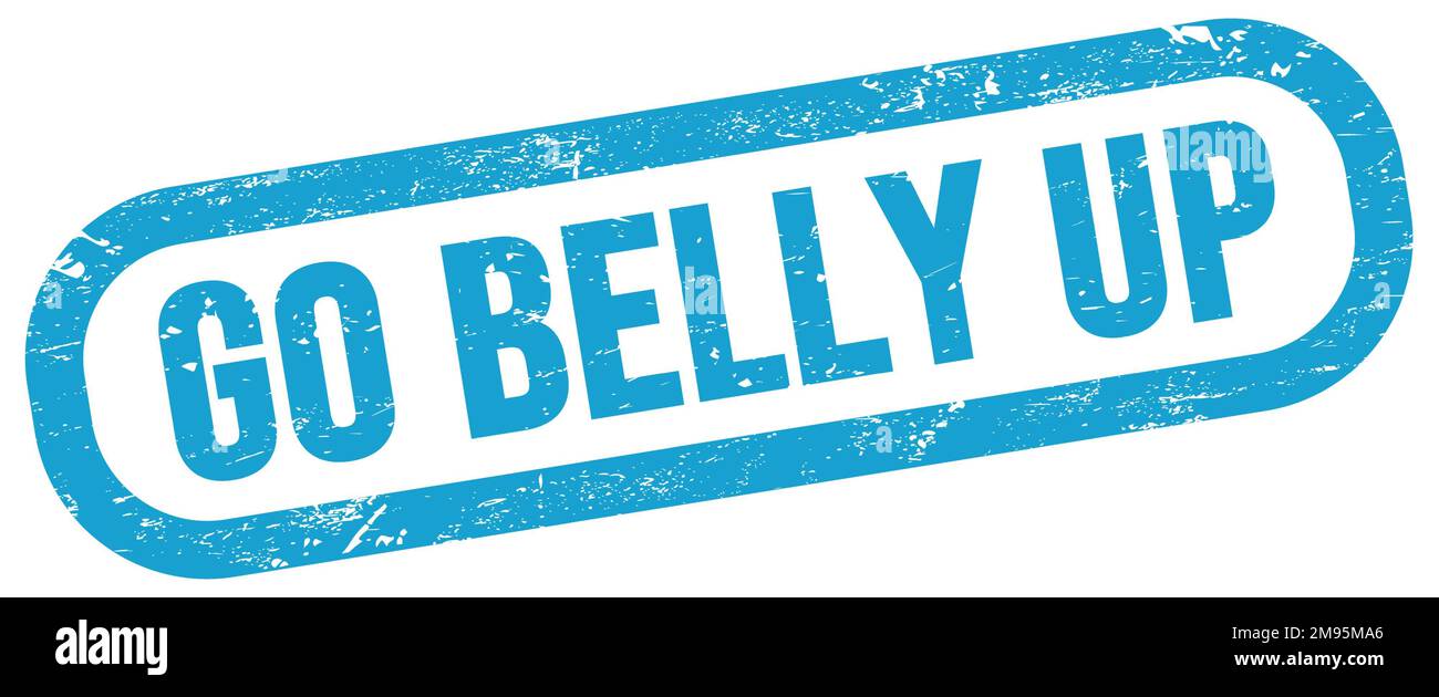 GO BELLY UP, text on blue rectangle stamp sign Stock Photo - Alamy