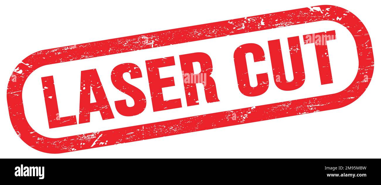 LASER CUT, text on red rectangle stamp sign Stock Photo - Alamy