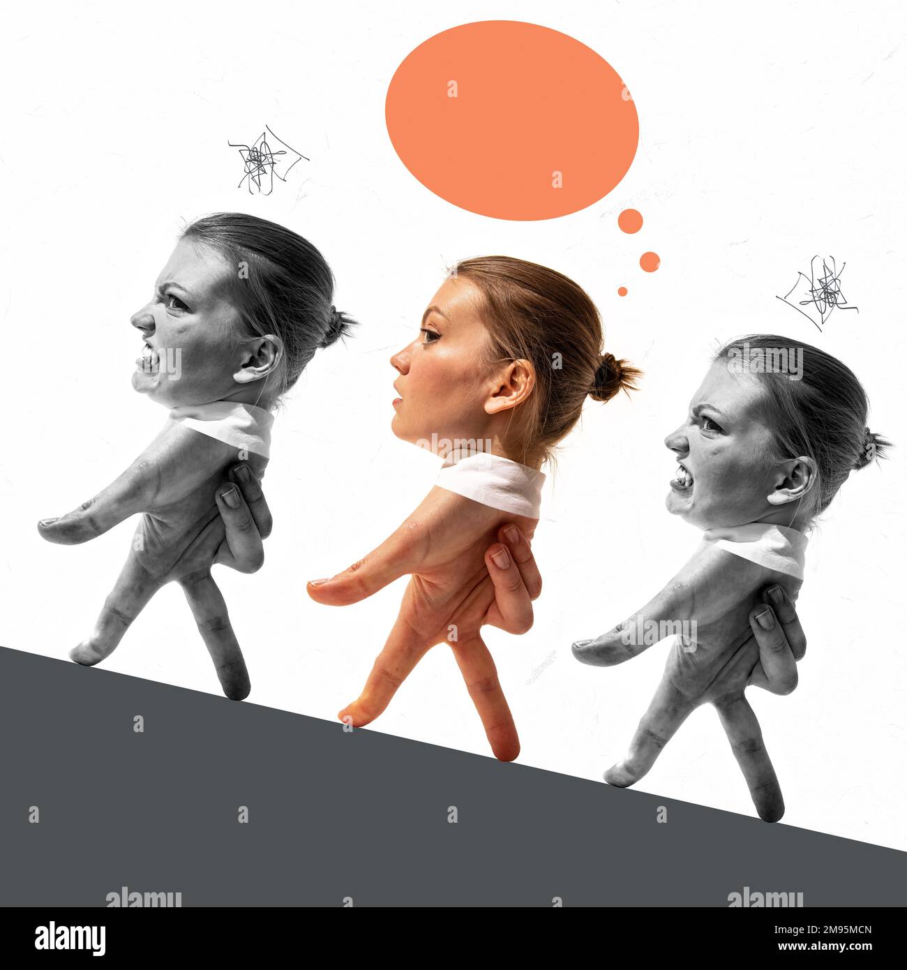 Emotions. Contemporary art collage with woman's heads on human hand ...