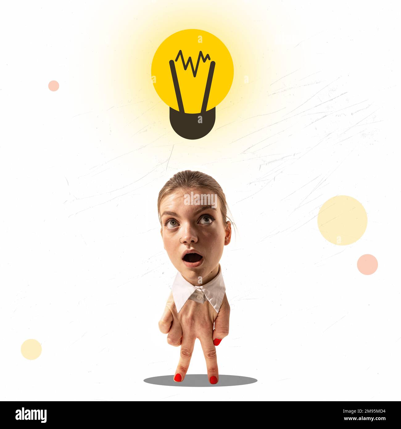 New ideas. Contemporary art collage with woman's head on human hand ...