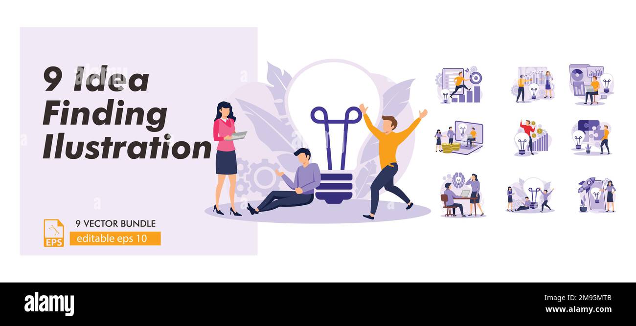 Idea finding illustration set. Characters standing near light bulbs and ... Idea finding illustration set. Characters standing near light bulbs and ...