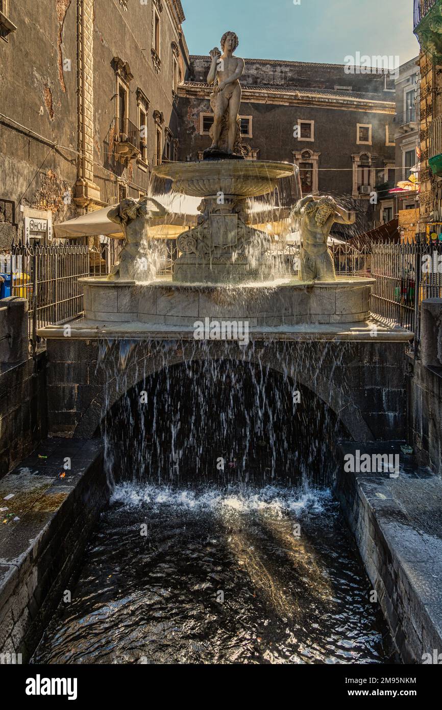 Baroque fountain, called dell'Amenano, with mythological characters and ...