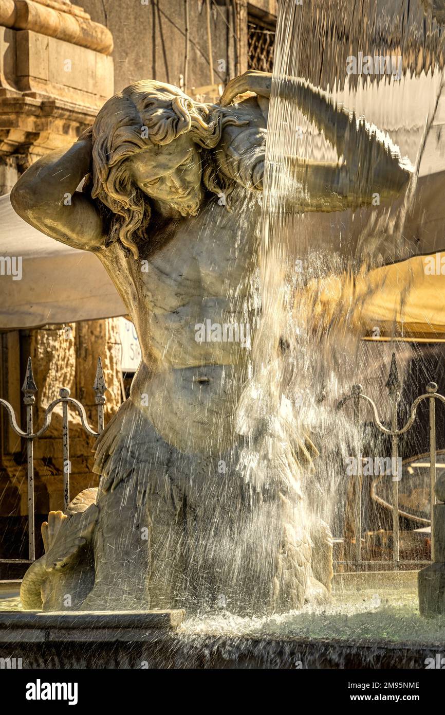 Baroque fountain, called dell'Amenano, with mythological characters and built in Carrara marble ...