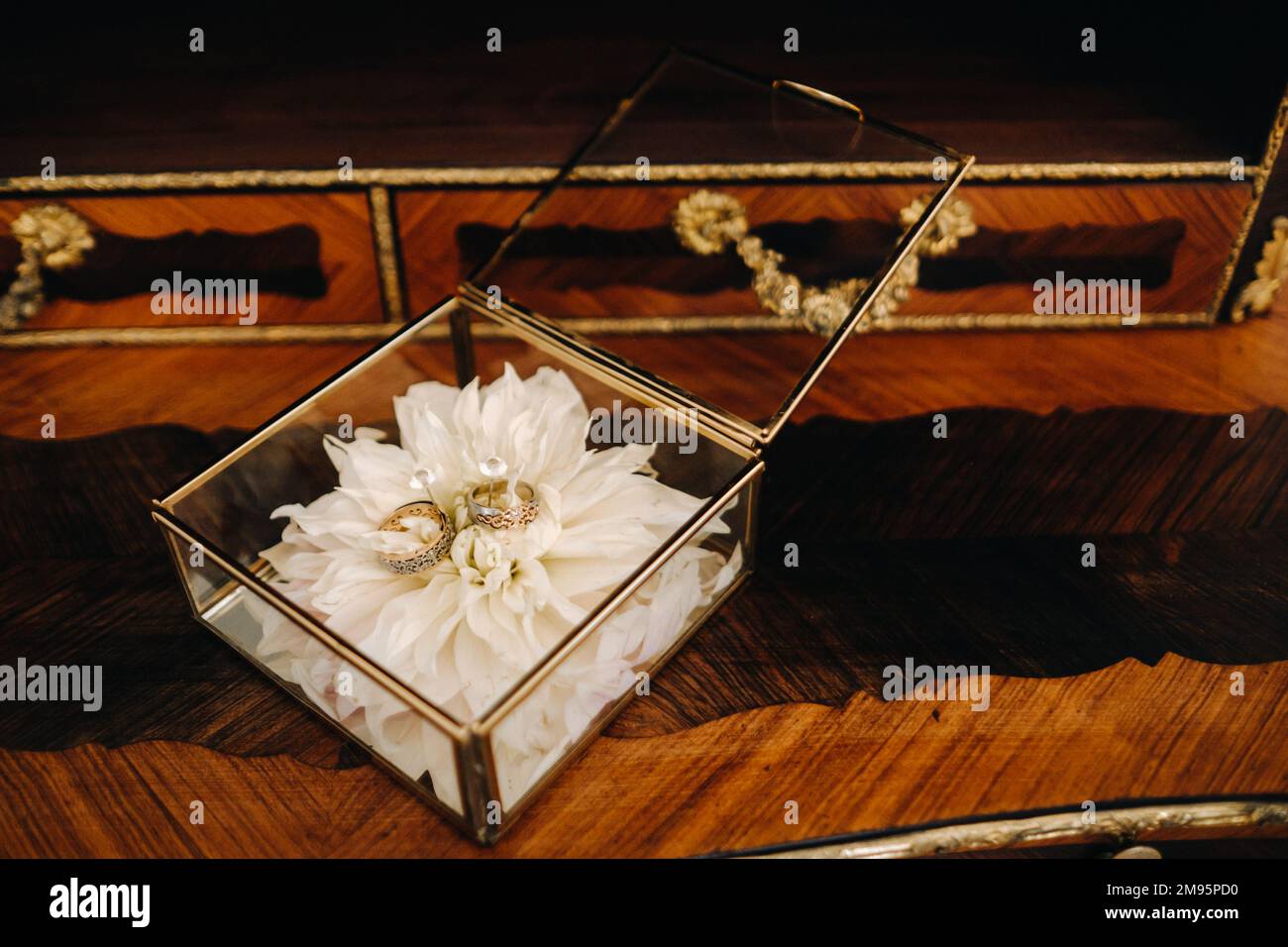 Designer wedding rings lying on a flower and a casket before the ...