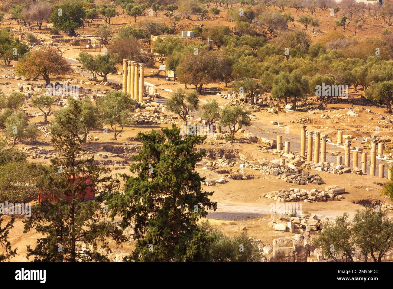 Aerial view of Roman road of Umm Qais ancient city ruins, Jordan Stock ...
