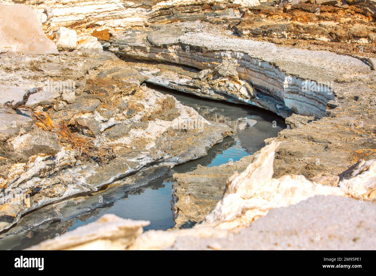 Close-up of Dead Sea salt mineral natural formation crystal layers in ...