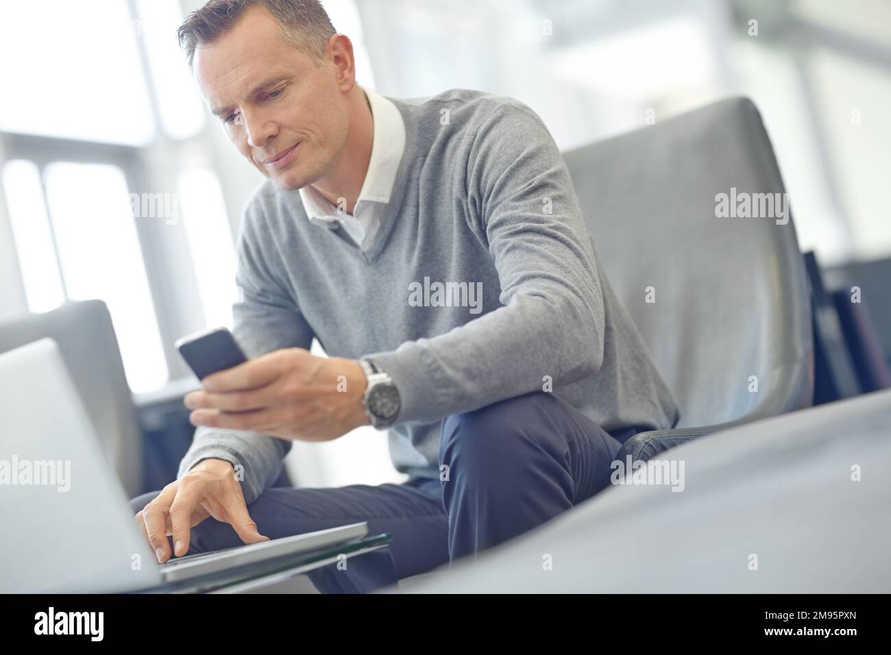Investment, travel or business man with phone for invest strategy ...